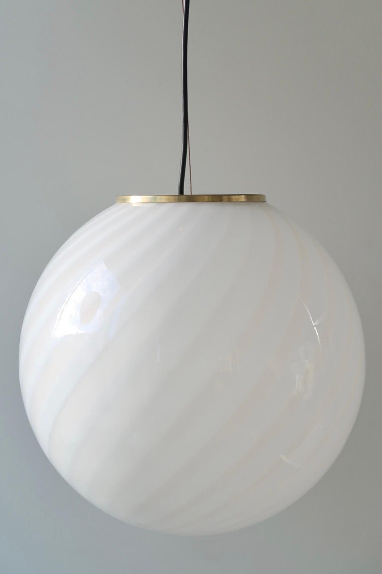 Large Murano 1970s Swirl White Glass Globe Sphere Pendant Lamp at 1stDibs