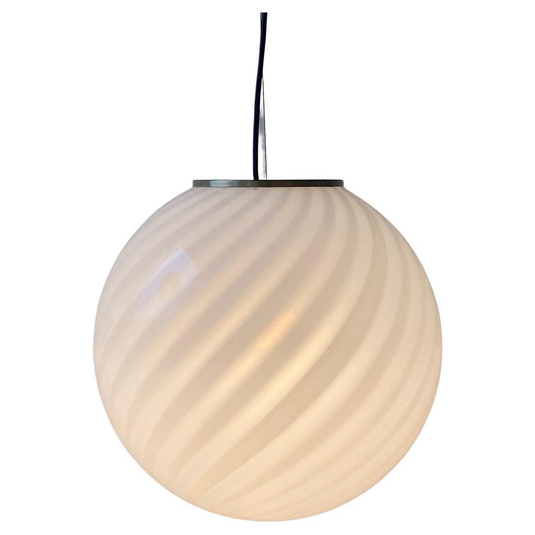 Large Murano 1970s Swirl White Glass Globe Sphere Pendant Lamp at 1stDibs
