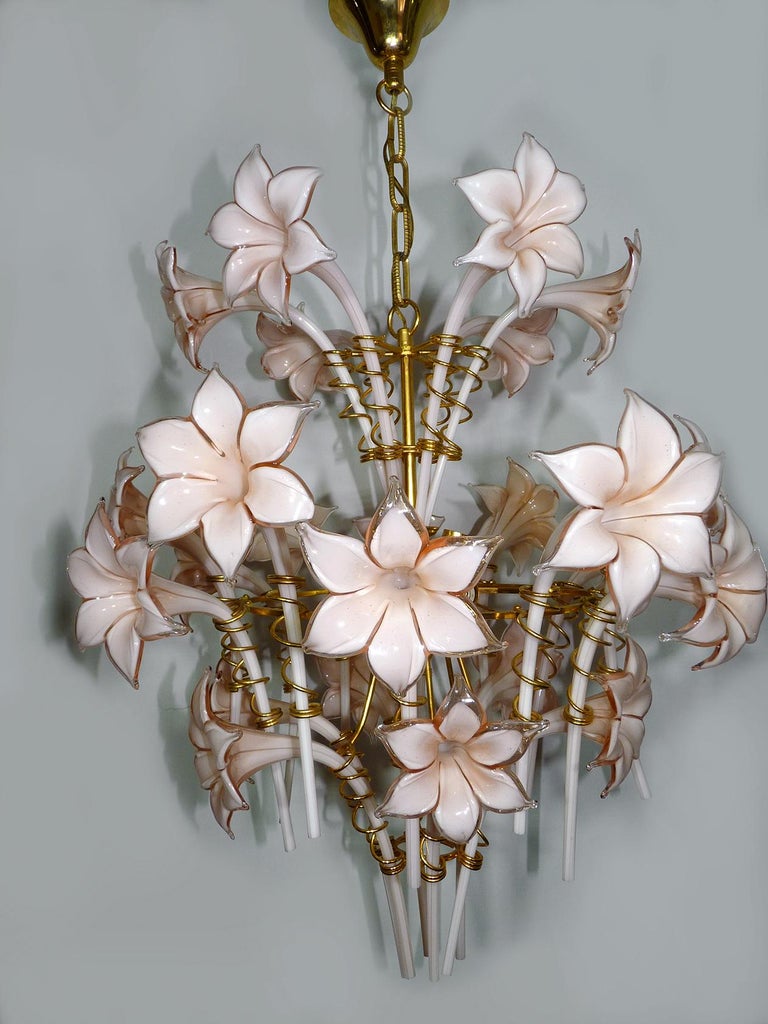 Large Murano Pink Lilly Sculptural Chandelier Franco Luce Art Glass and ...