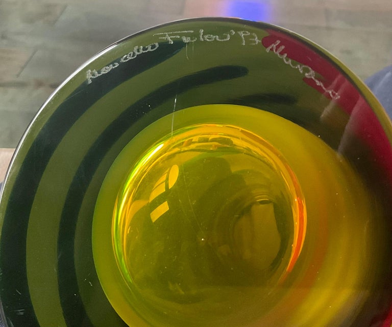 Large Murano Signed Glass Vase with Applied Vibrant Stripes by Walter ...