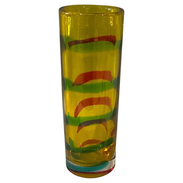 Large Murano Signed Glass Vase with Applied Vibrant Stripes by Walter ...