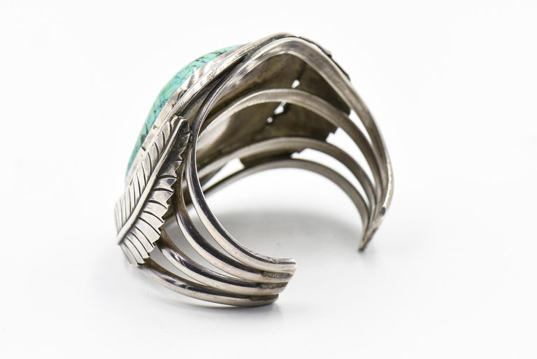 Large Native American Turquoise Sterling Silver Feather Cuff Bracelet ...