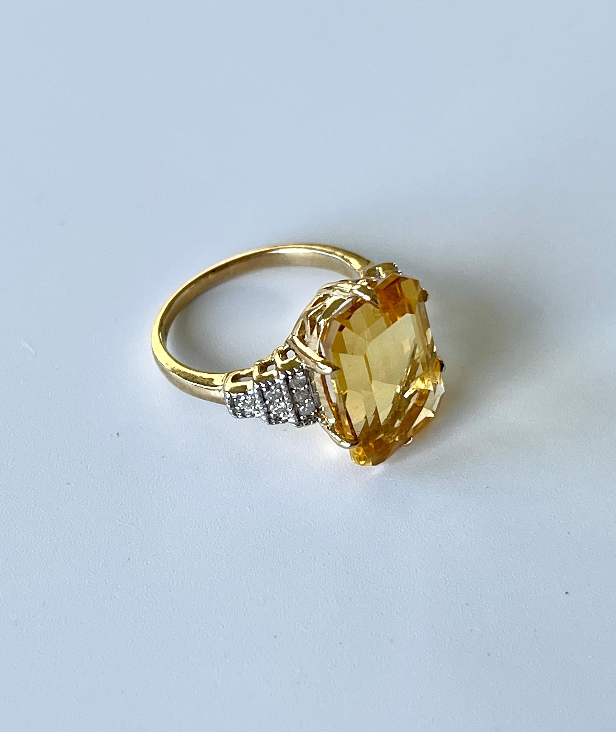 Large Natural Citrine Diamond Art Deco Style Ring 9K Yellow Gold For ...