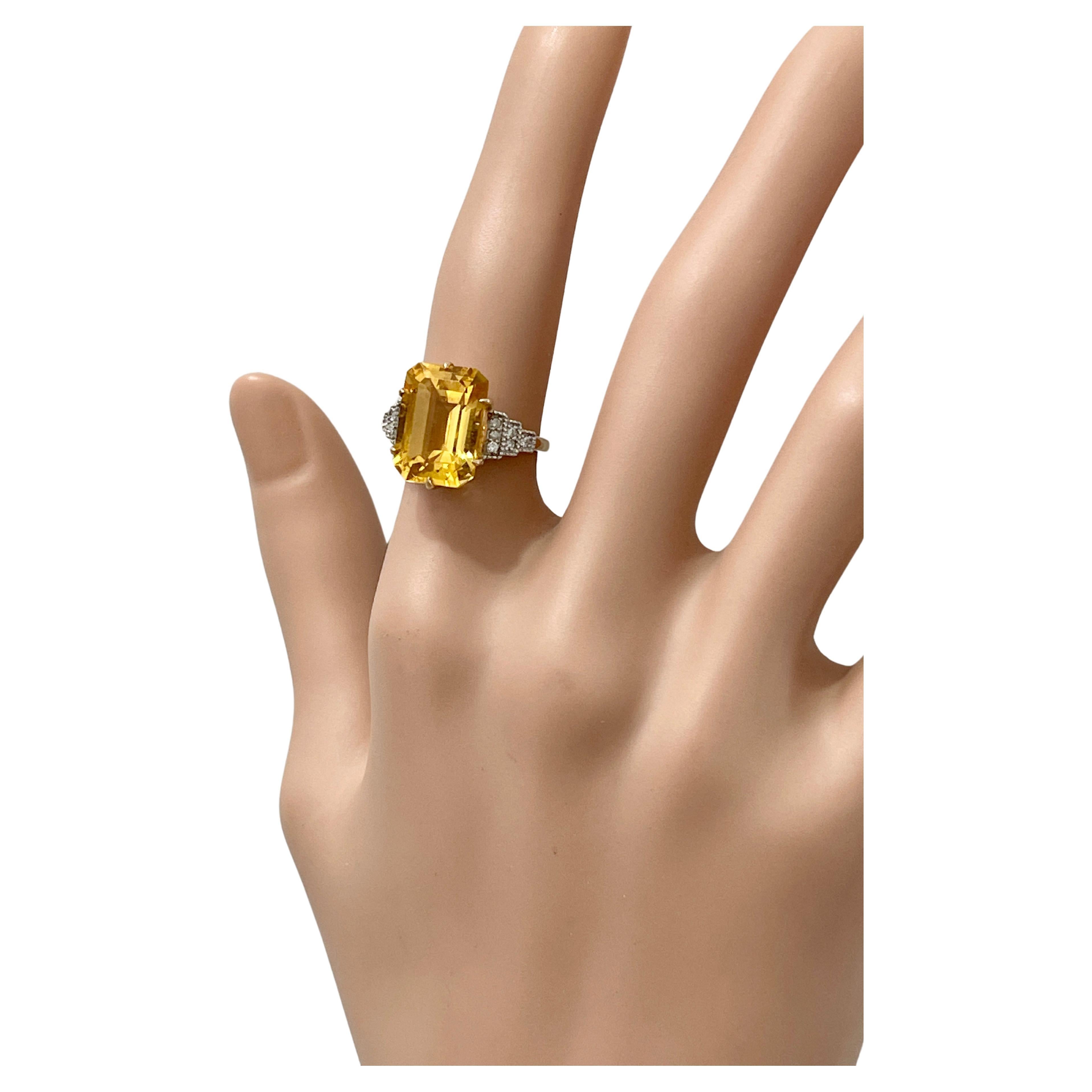 Large Natural Citrine Diamond Art Deco Style Ring 9K Yellow Gold For ...