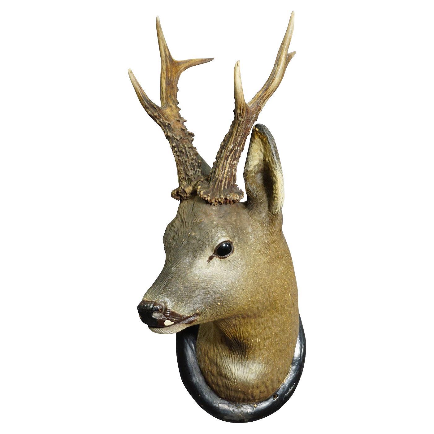 Antique Wooden Carved Deer Head with Orignal Antlers at 1stDibs