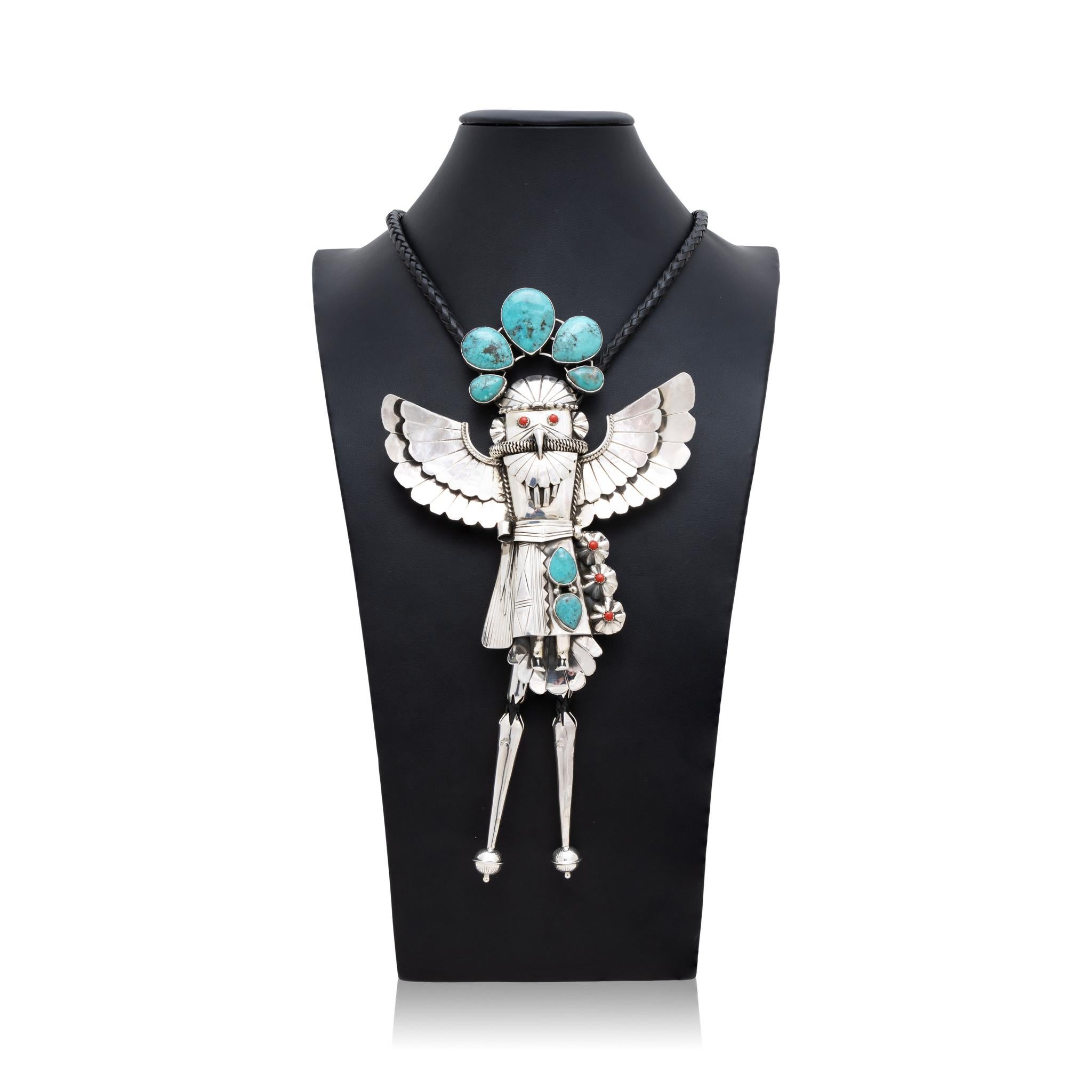 Large Navajo Sunface Kachina Sterling Silver and Turquoise Bolo For ...