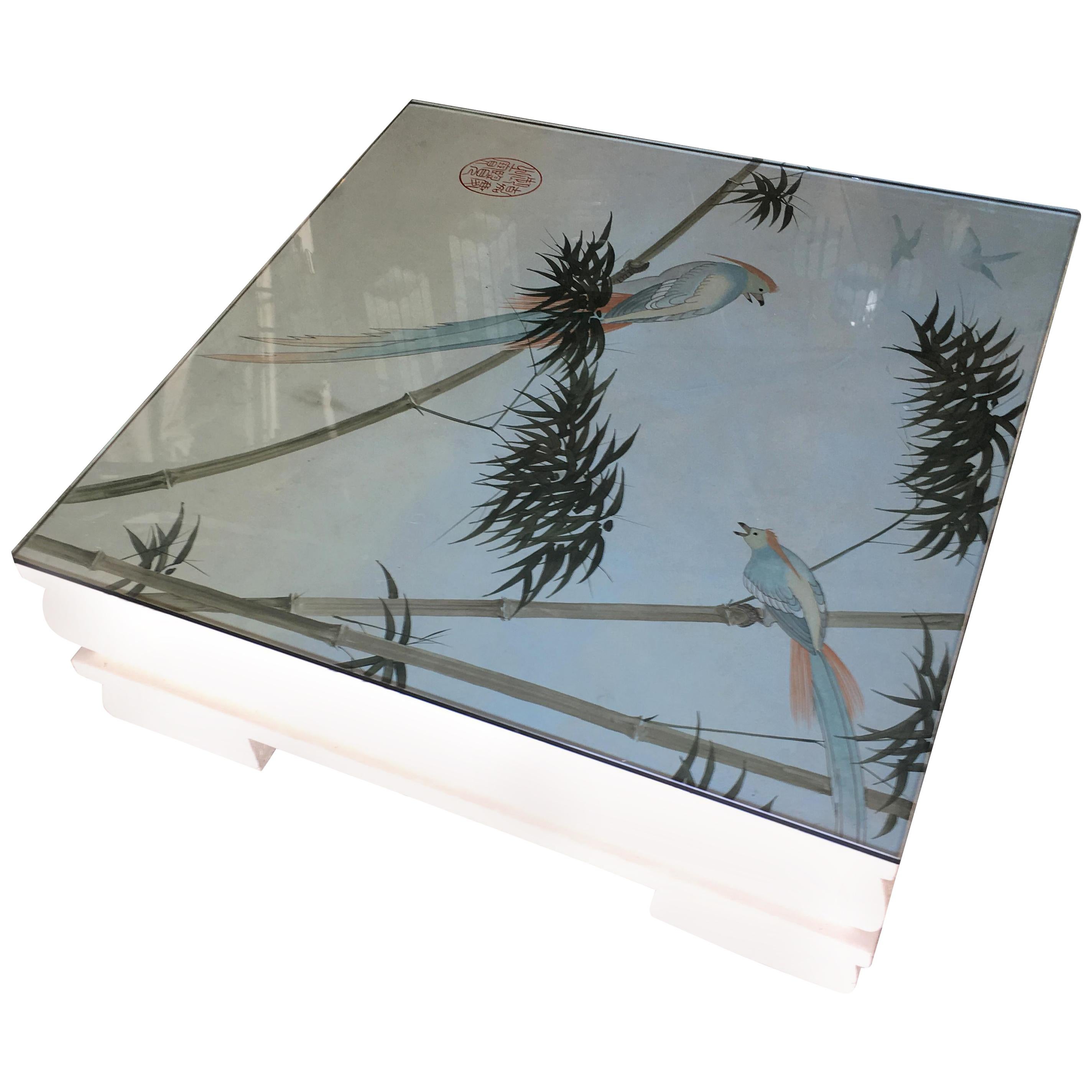Large Neo Art Deco Coffee Table with Hand Painted Crane Pastel For Sale ...