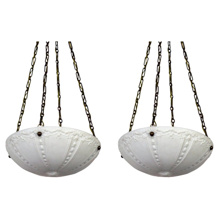 Large Nouveau Pressed Glass Bowl Pendant Lights, Pair For Sale at 1stDibs