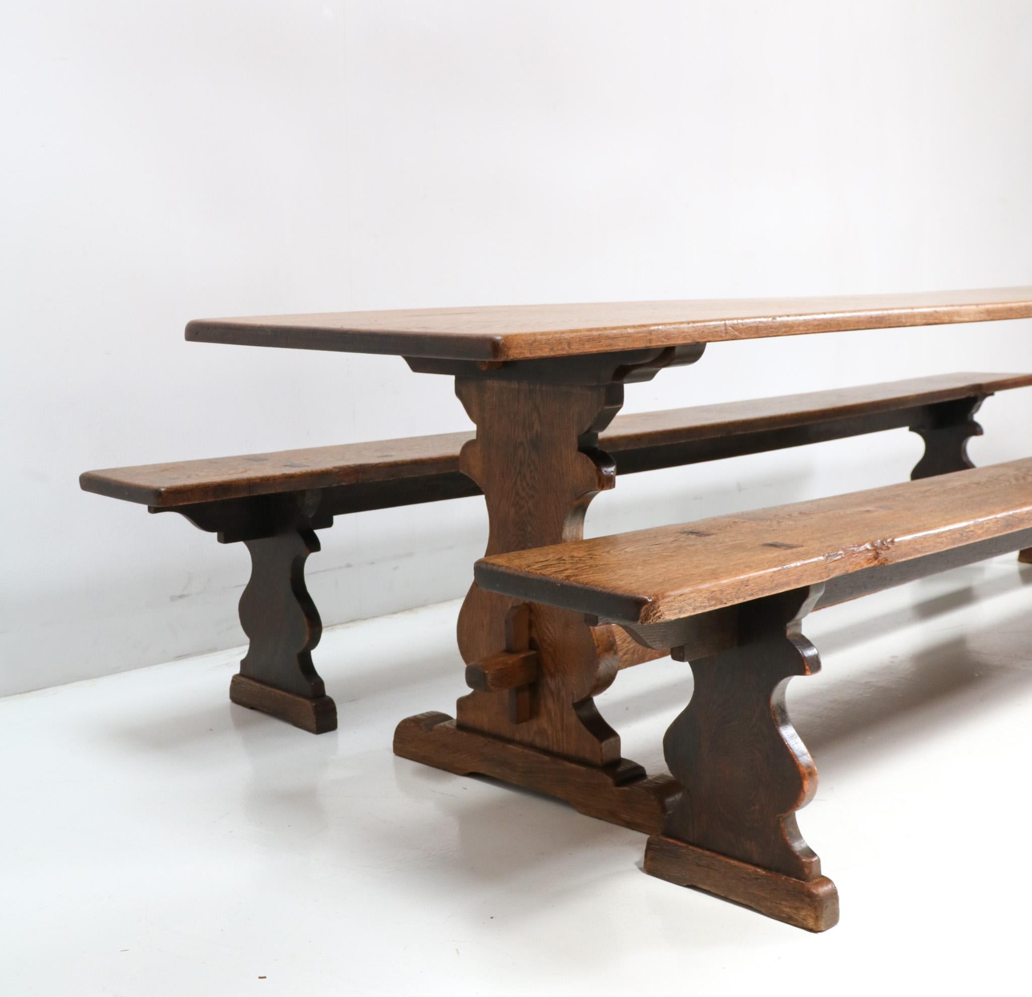 Large Oak French Provincial Farm Table with Two Benches or Stools ...