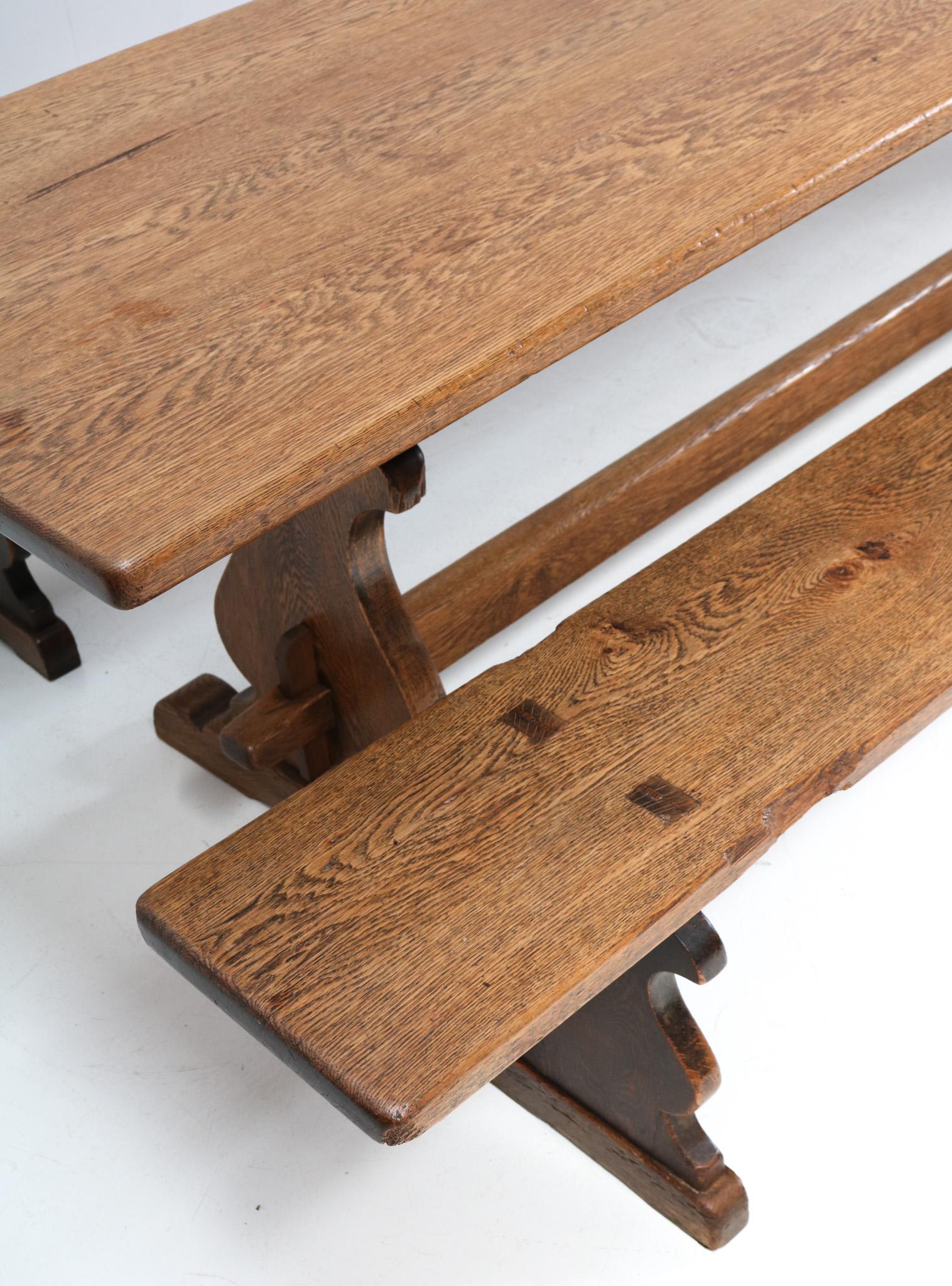 Large Oak French Provincial Farm Table with Two Benches or Stools ...