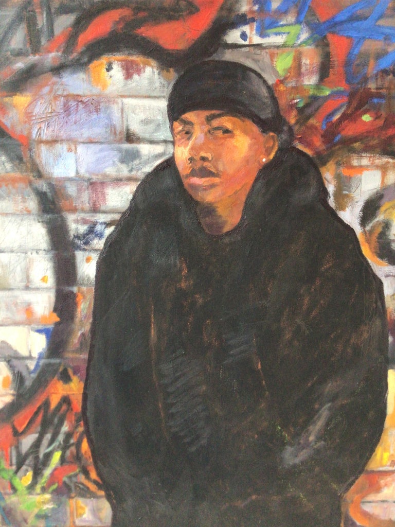 Large Oil on Canvas Graffiti Art Portrait of Man and Dog For Sale at ...