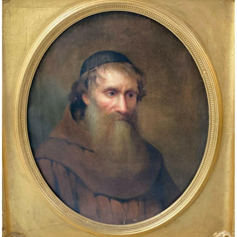 Large Oil on Canvas Portrait Painting of a Monk, Gilt Wood Frame, 19th ...