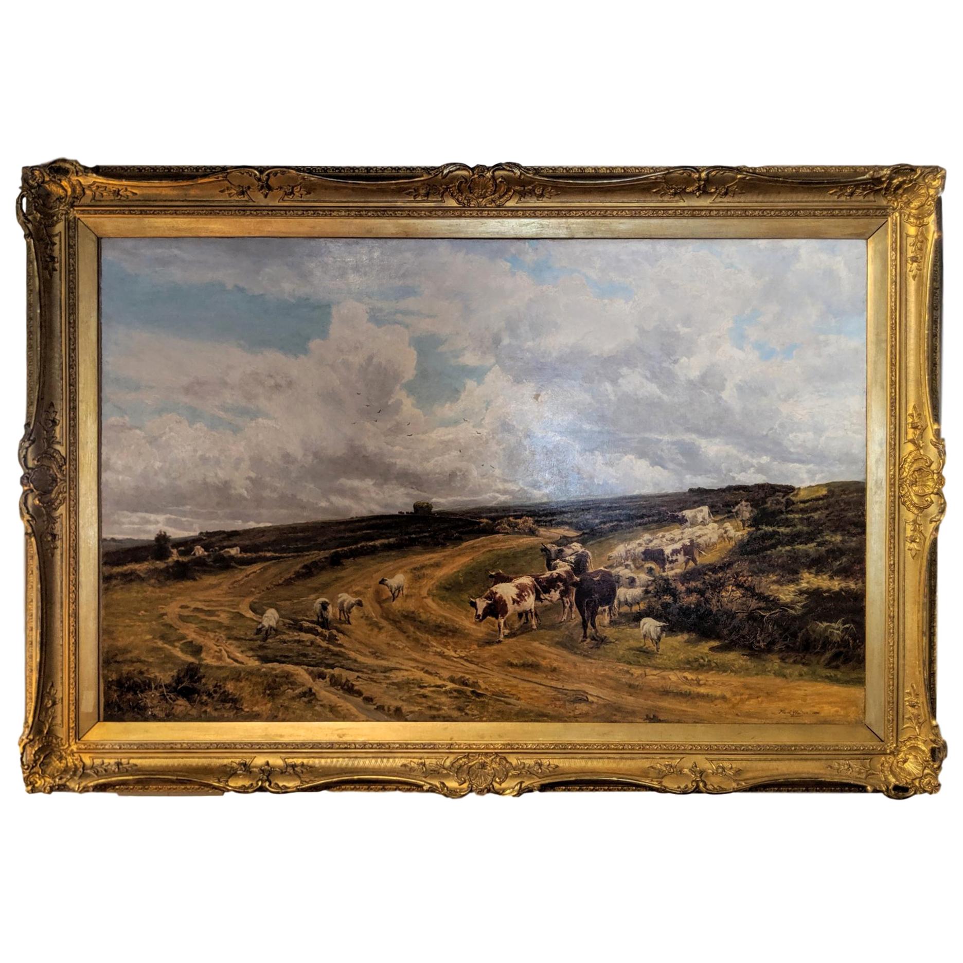 Large Oil Painting Cattle and Sheep Landscape signed 'Frank Walton 1876 ...