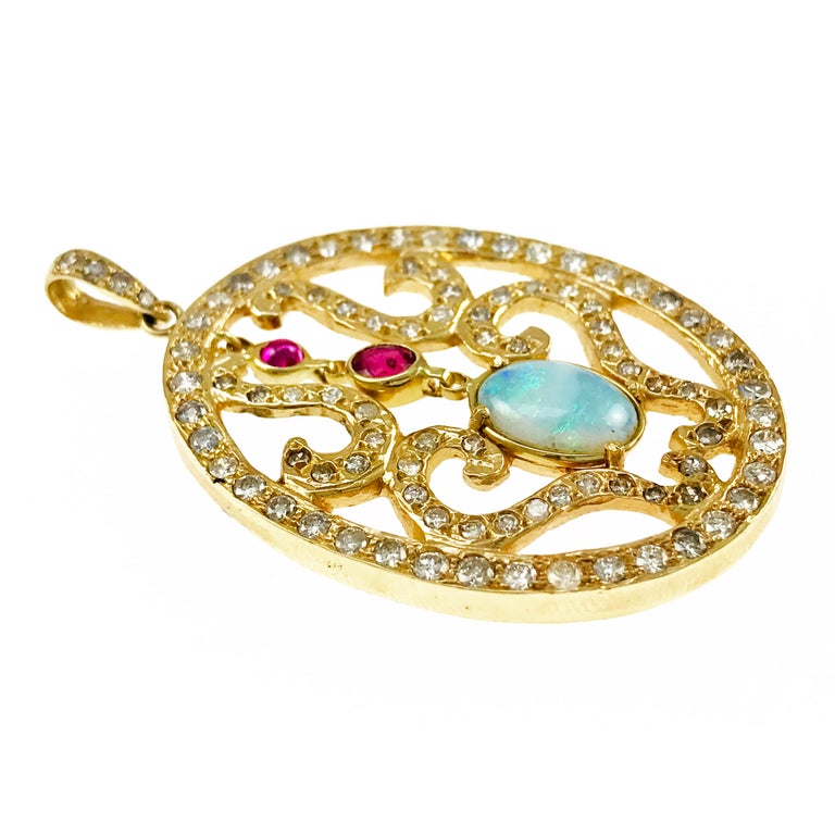 Large Opal Ruby Diamond Pendant For Sale at 1stDibs