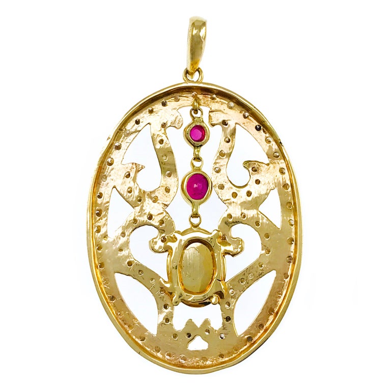 Large Opal Ruby Diamond Pendant For Sale at 1stDibs