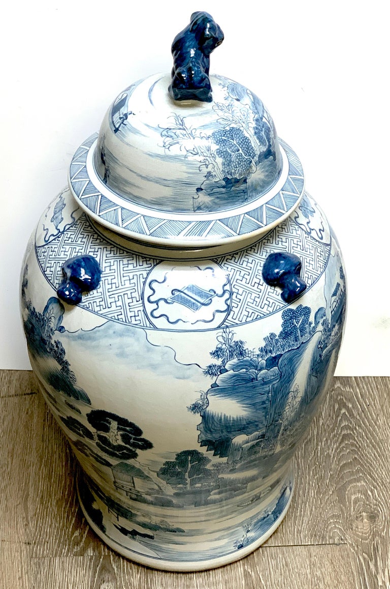 Large Oriental Blue and White Temple Jar For Sale at 1stDibs