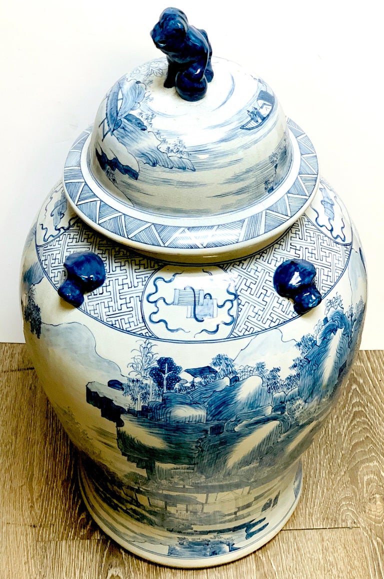 Large Oriental Blue and White Temple Jar For Sale at 1stDibs