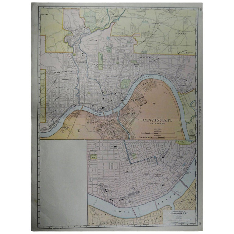 Large Original Antique City Plan of Cincinnati, USA, circa 1900 For ...