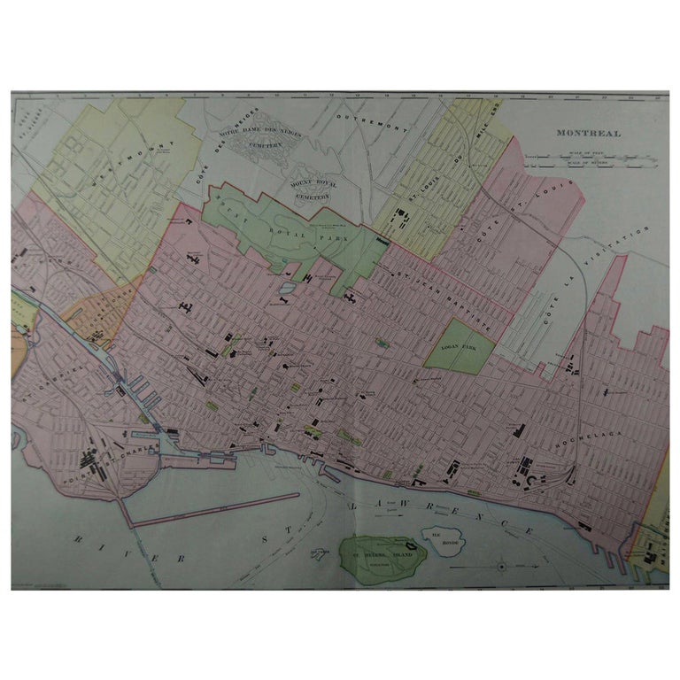 Large Original Antique City Plan of Montreal, Canada, circa 1900 For ...