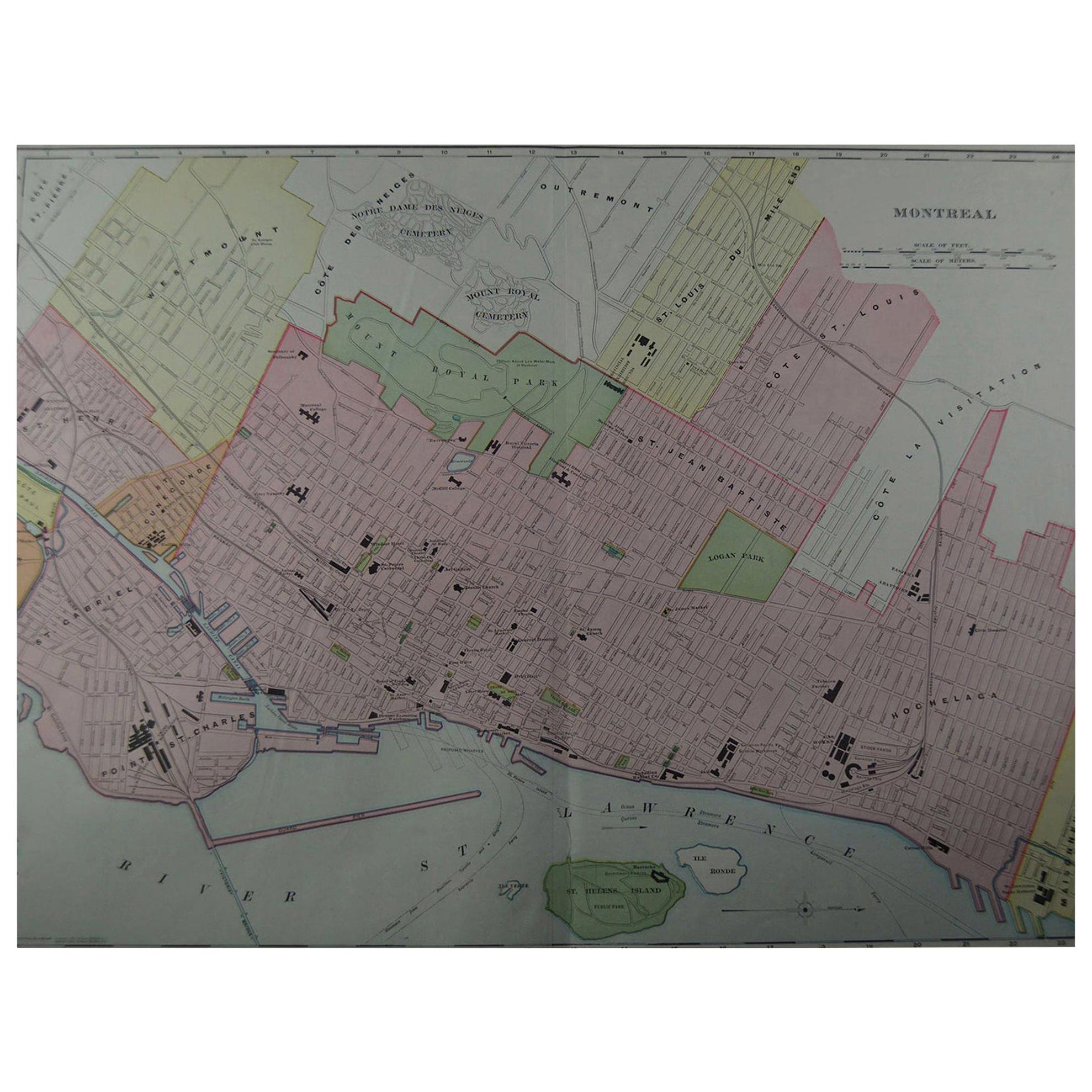 Large Original Antique City Plan of Montreal, Canada, circa 1900 For ...