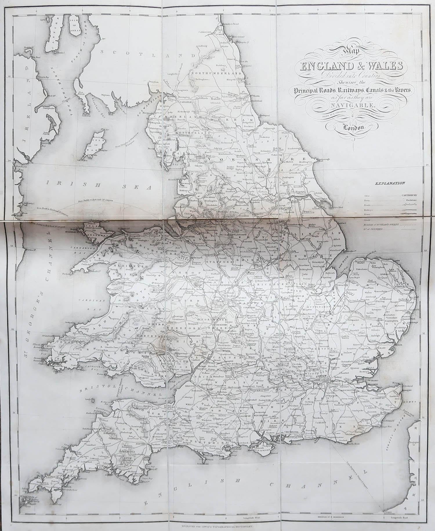Large Original Antique Folding Map of England and Wales. circa 1840 For ...