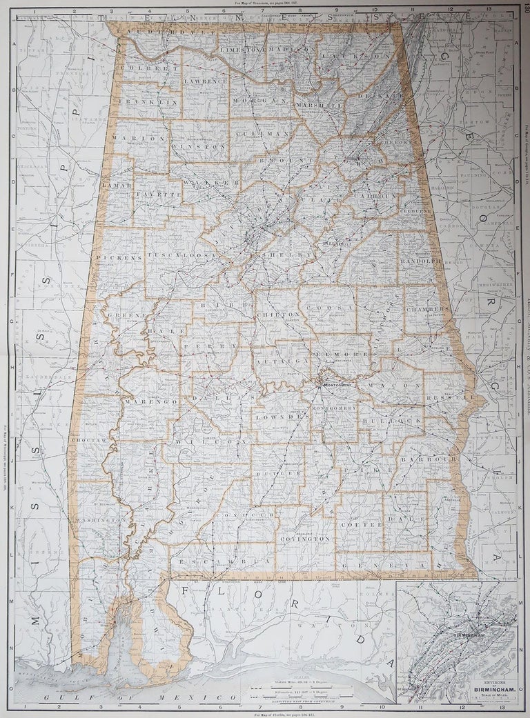Large Original Antique Map of Alabama, Usa, 1894 at 1stDibs