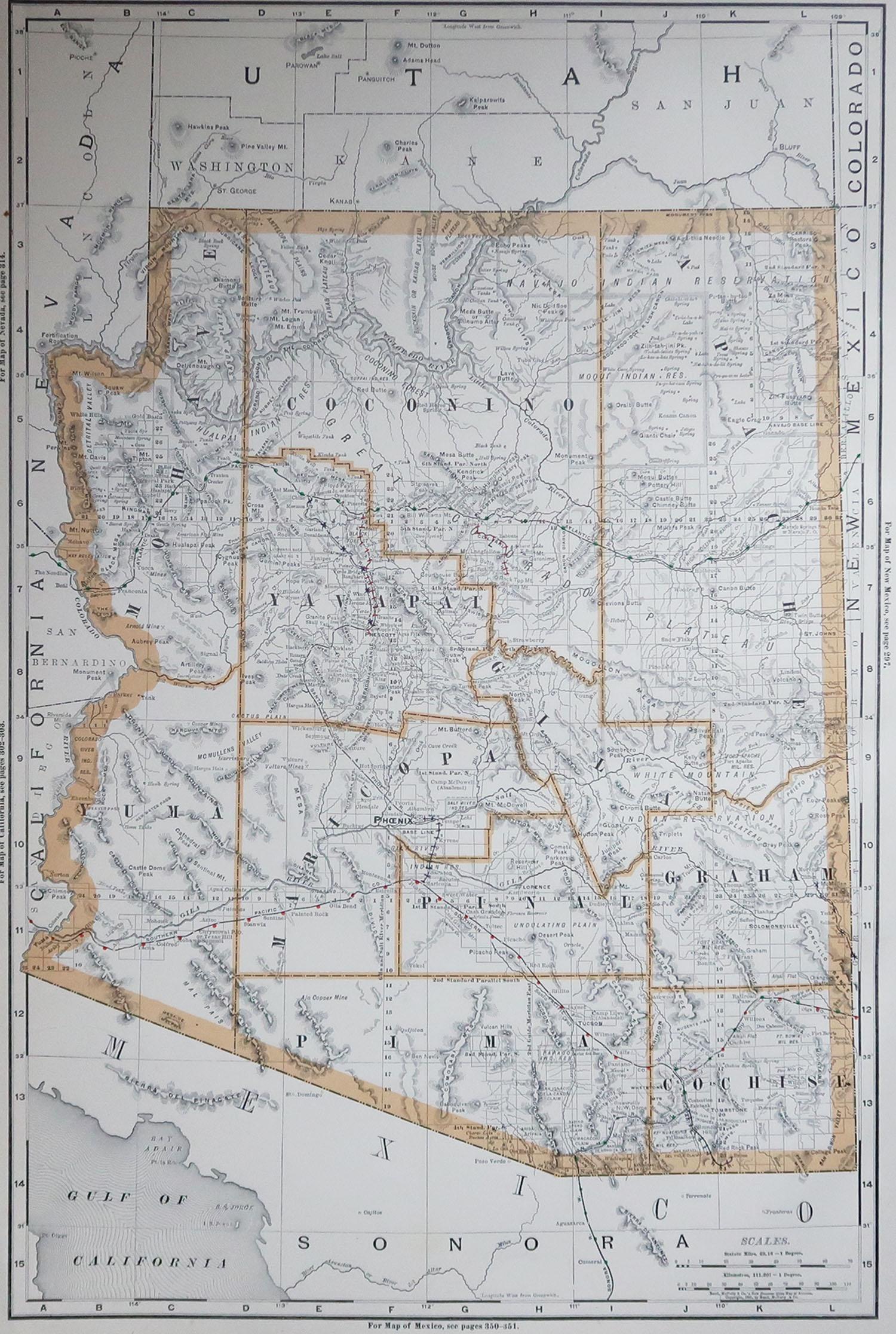 Large Original Antique Map of Arizona, USA, 1894 For Sale at 1stDibs