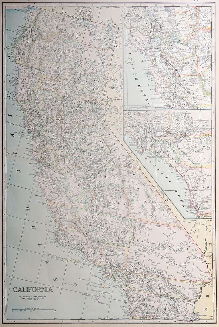 Large Original Antique Map of California, USA, C.1900 For Sale at 1stDibs