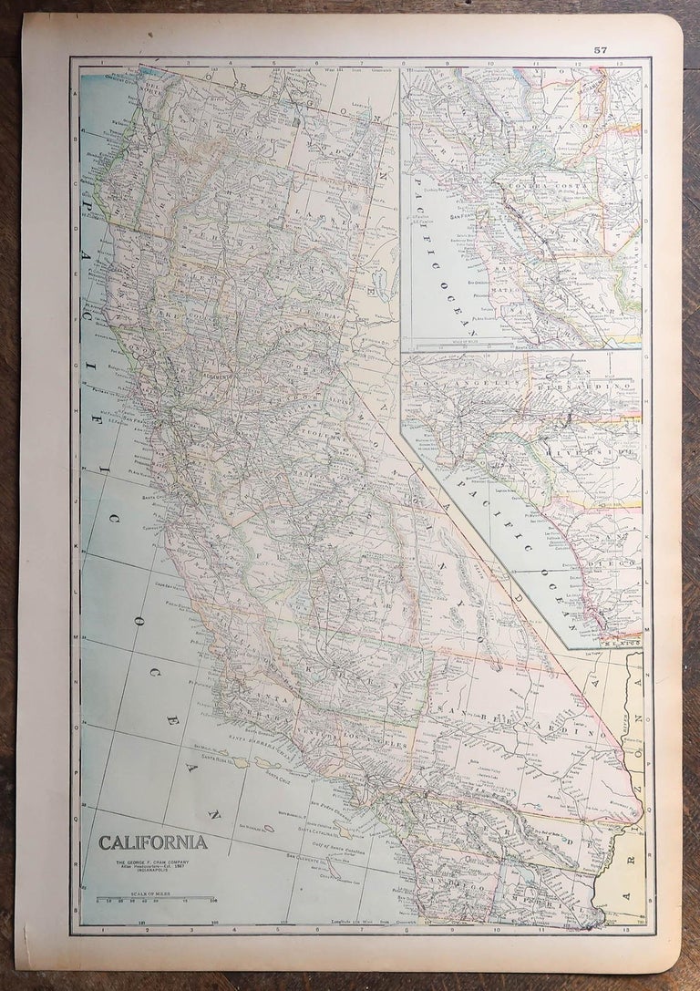 Large Original Antique Map of California, USA, C.1900 For Sale at 1stDibs