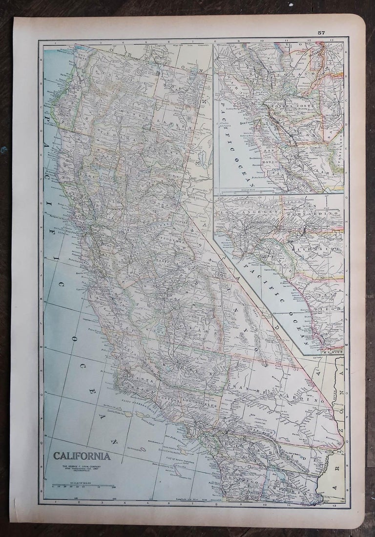 Large Original Antique Map of California, USA, C.1900 For Sale at 1stDibs