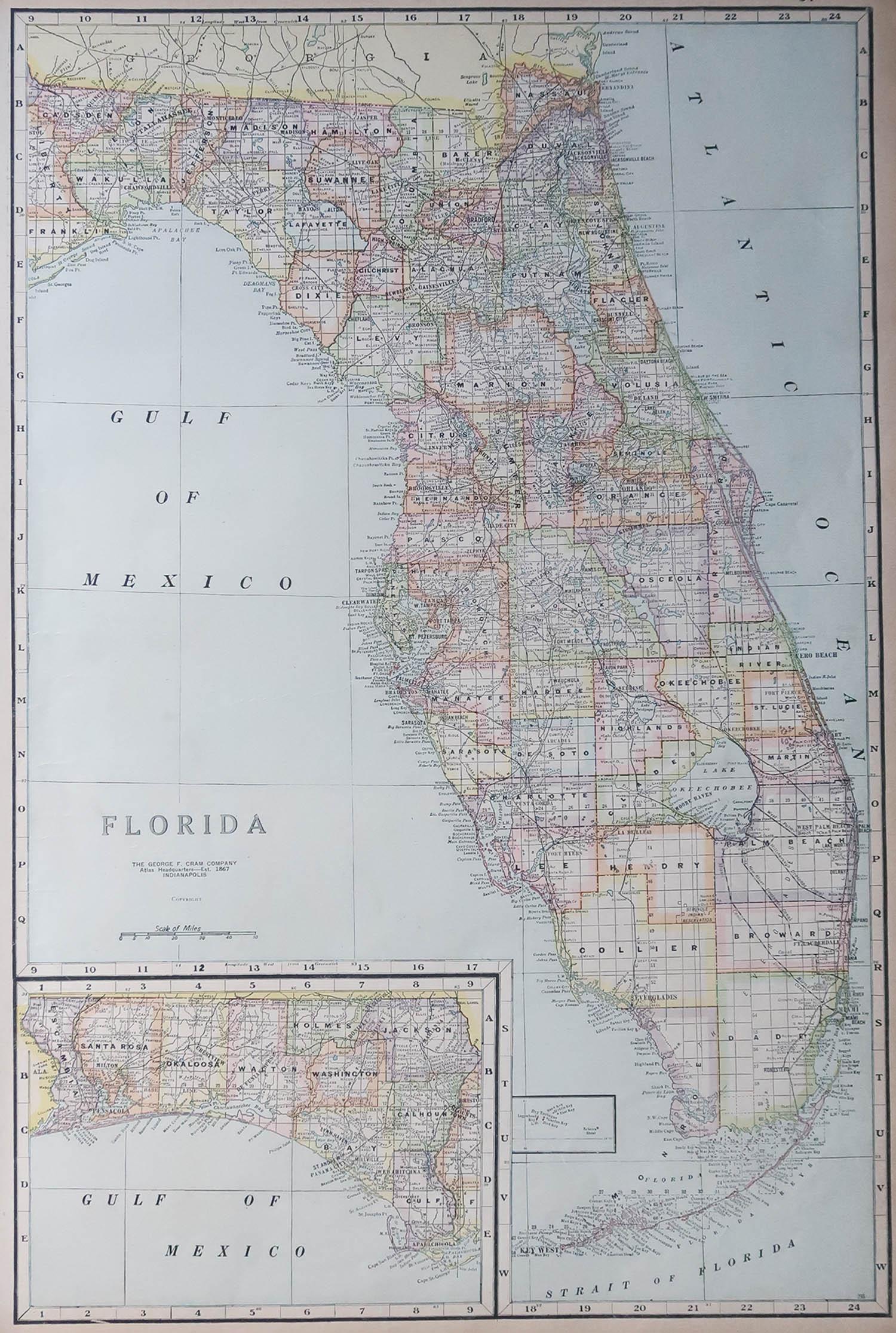Large Original Antique Map of Florida, USA, C.1900 For Sale at 1stDibs ...