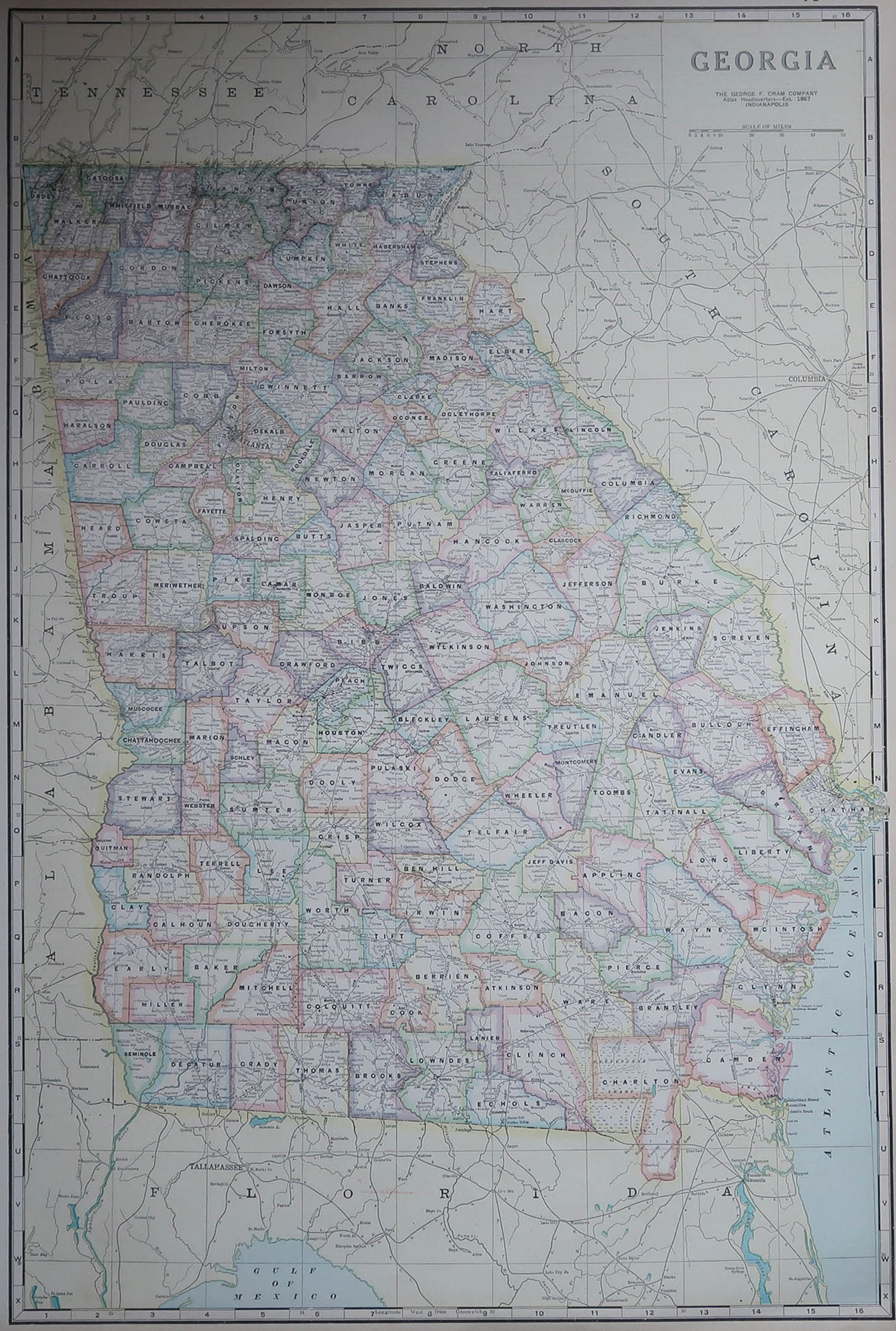 Large Original Antique Map of Georgia, USA, circa 1900 For Sale at 1stDibs