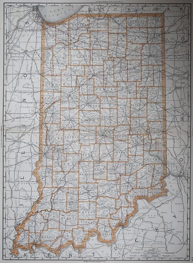 Large Original Antique Map of Indiana, USA, 1894 For Sale at 1stDibs