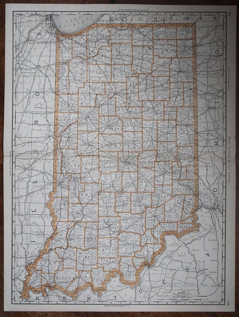 Large Original Antique Map of Indiana, USA, 1894 For Sale at 1stDibs