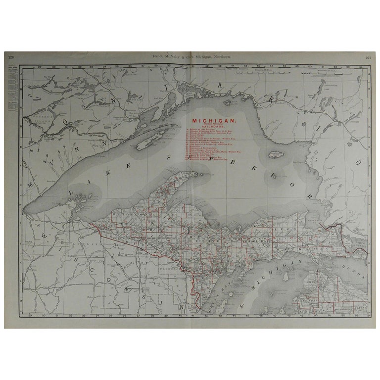 Large Original Antique Map of Michigan by Rand McNally, circa 1900 For ...