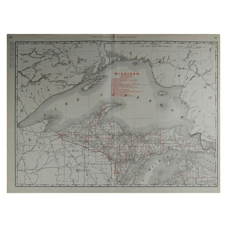 Large Original Antique Map of Michigan by Rand McNally, circa 1900 at ...