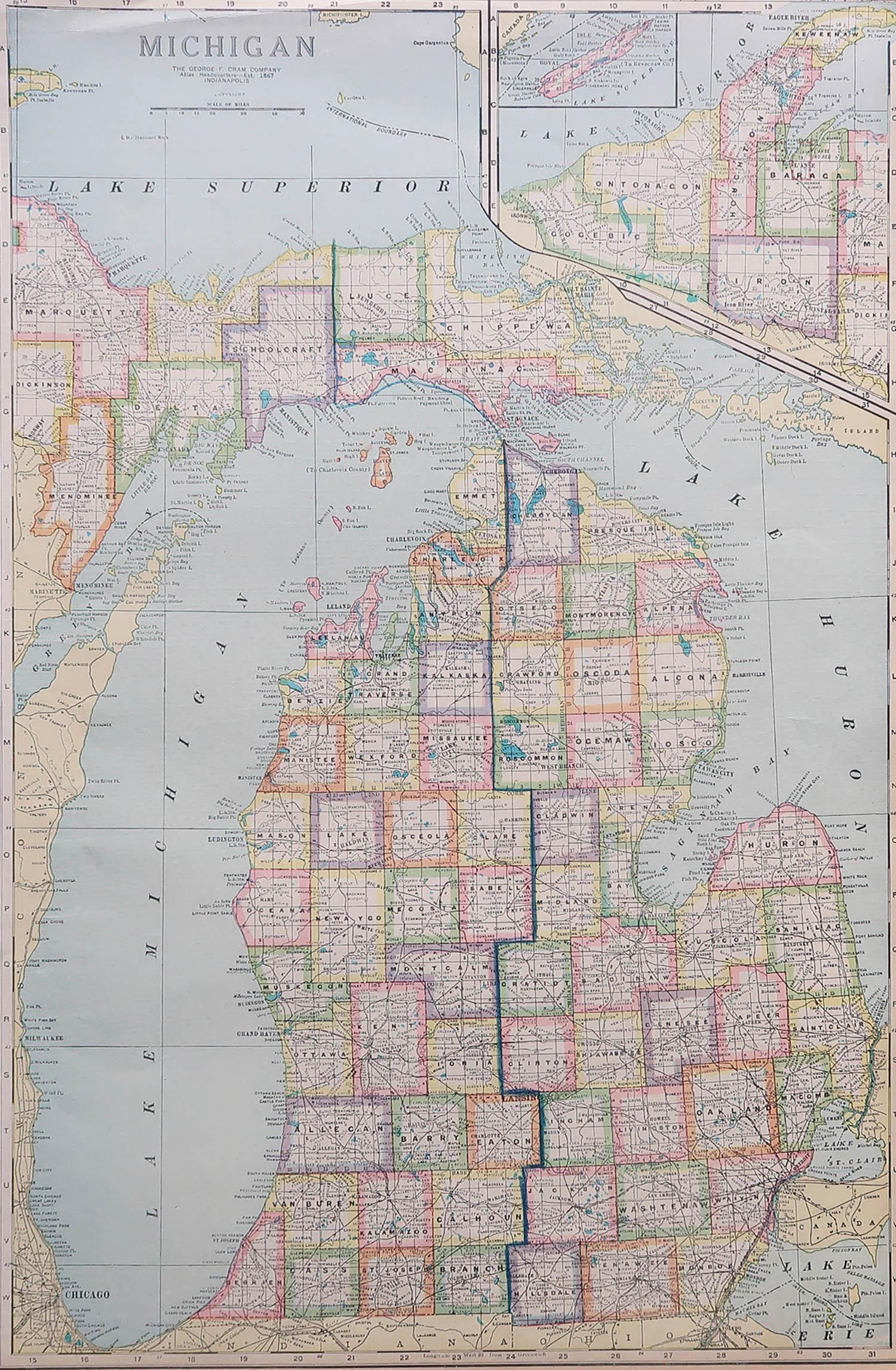 Large Original Antique Map of Michigan, USA, circa 1900 For Sale at 1stDibs