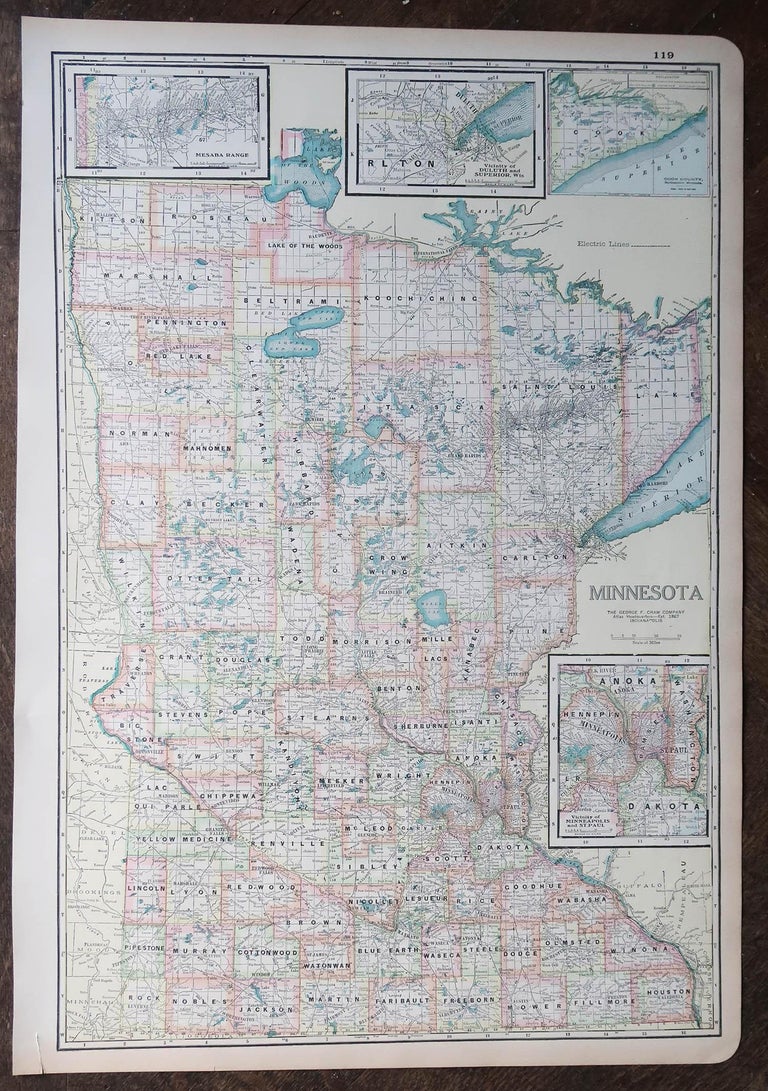 Large Original Antique Map of Minnesota, USA, C.1900 For Sale at 1stDibs