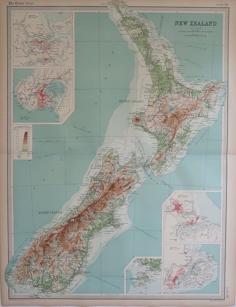 Large Original Antique Map of New Zealand by Bartholomew, circa 1920 ...
