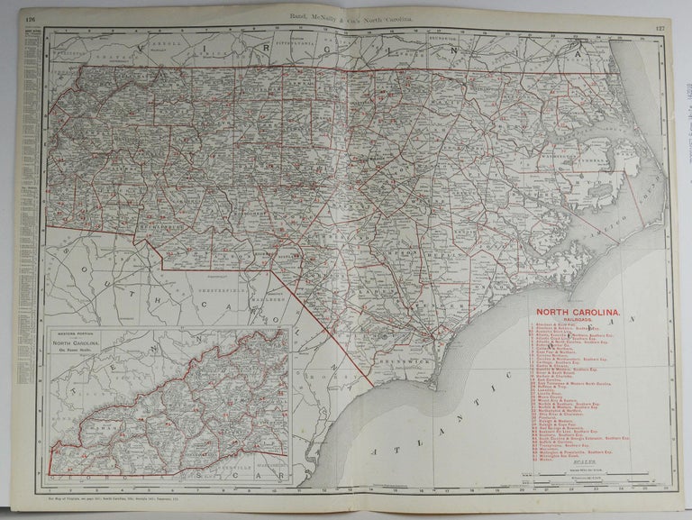 Large Original Antique Map of North Carolina by Rand McNally, circa ...