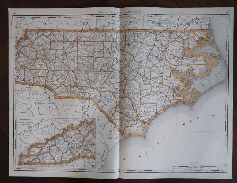 Large Original Antique Map of North Carolina, USA, 1894 For Sale at ...