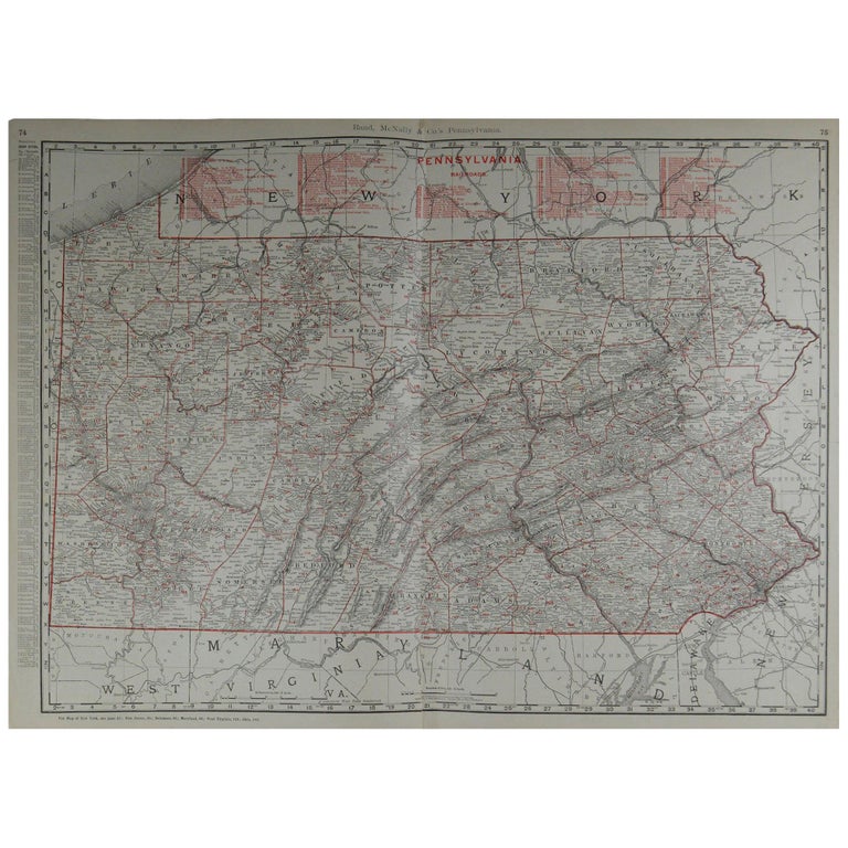 Large Original Antique Map of Pennsylvania by Rand McNally, circa 1900 For Sale at 1stDibs