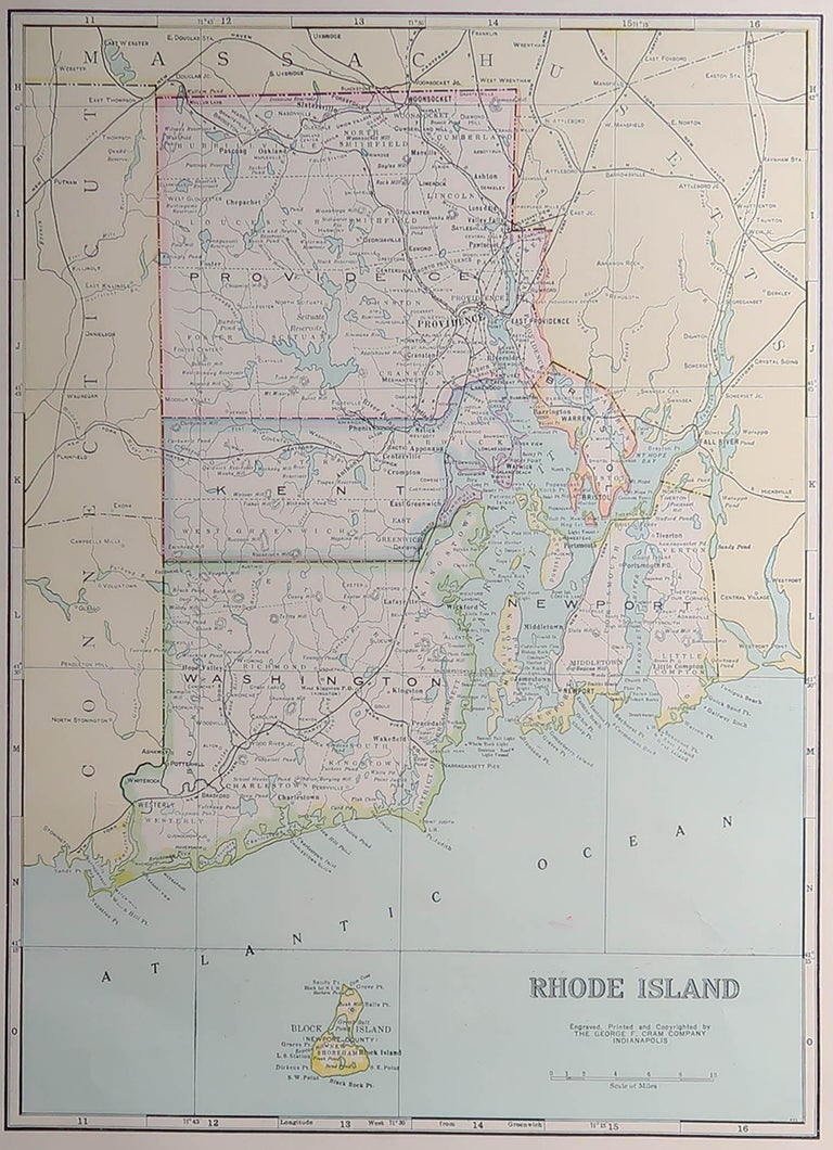 Large Original Antique Map of Rhode Island, USA, C.1900 For Sale at 1stDibs