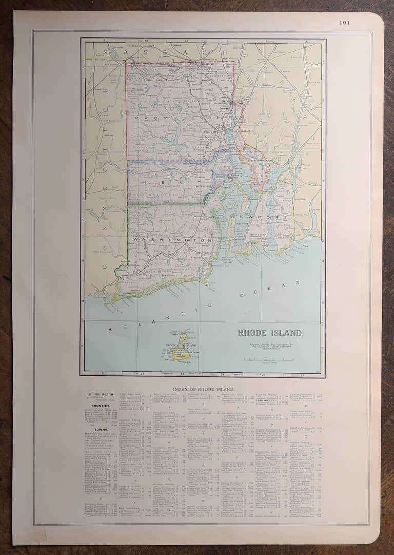Large Original Antique Map of Rhode Island, USA, C.1900 For Sale at 1stDibs