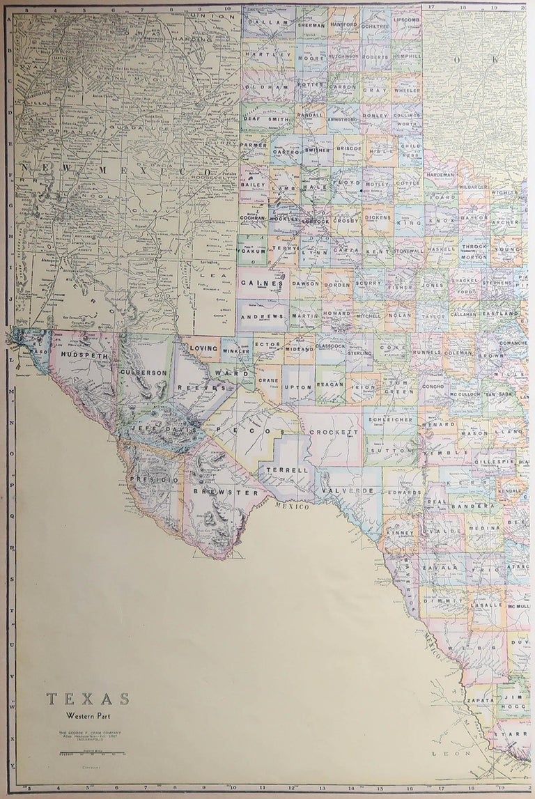 Large Original Antique Map of Texas- Western Part, Usa, C.1900 For Sale ...
