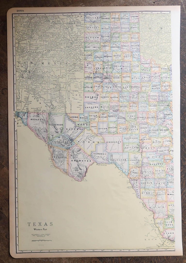 Large Original Antique Map of Texas- Western Part, Usa, C.1900 For Sale ...