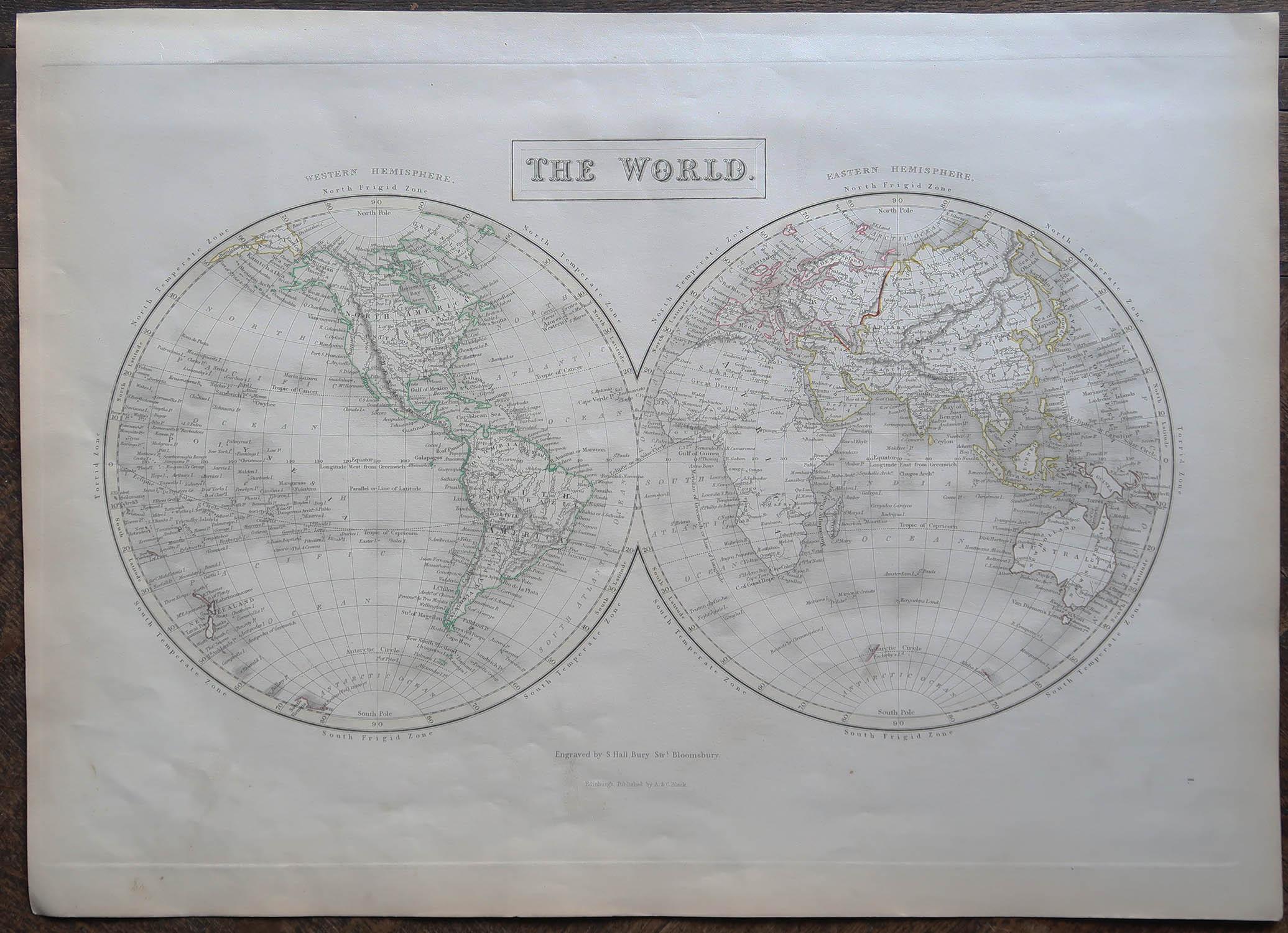 Large Original Antique Map of the World by Sidney Hall, 1847 at 1stDibs