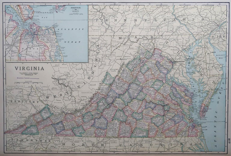 Large Original Antique Map of Virginia, USA, circa 1900 For Sale at 1stDibs