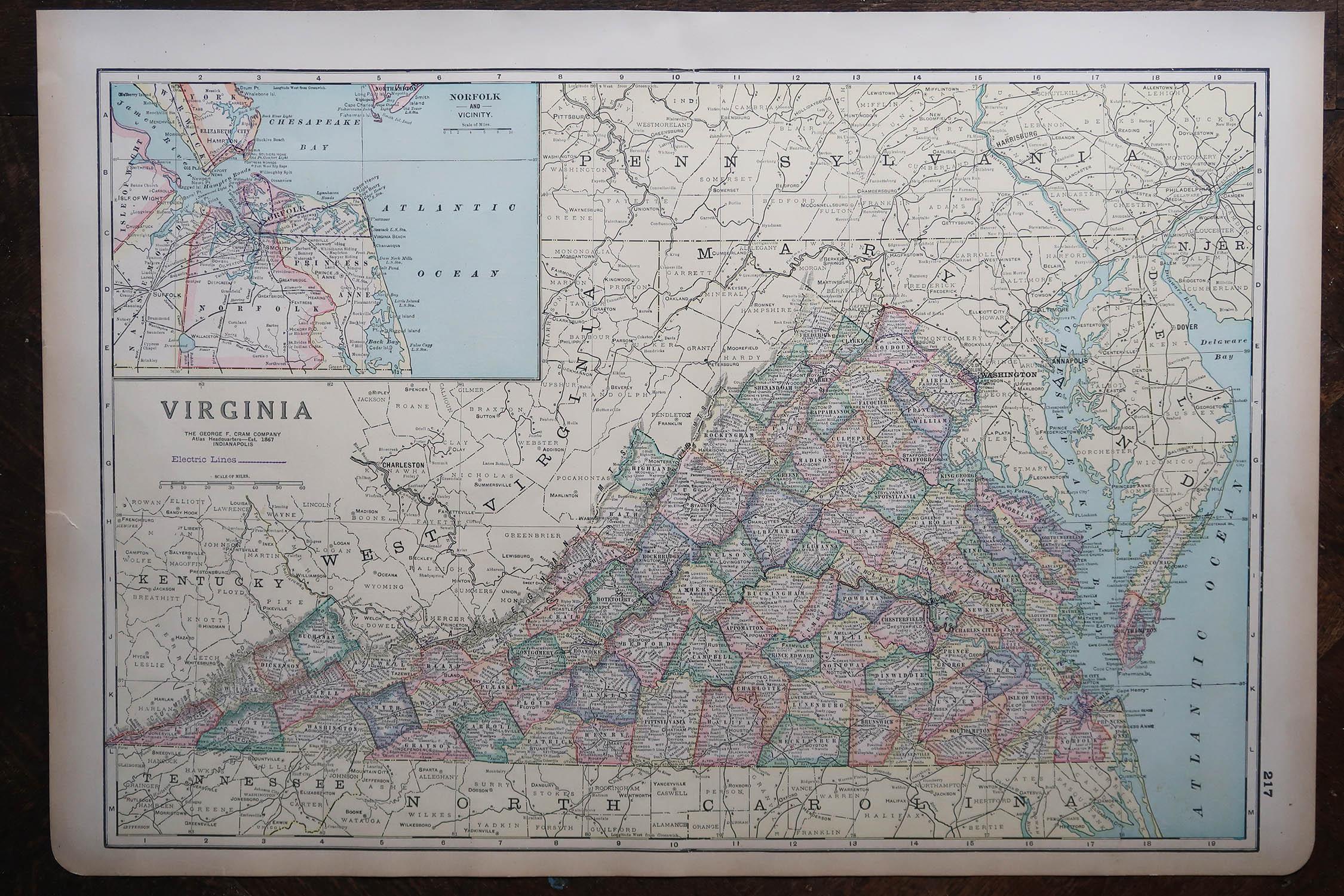 Large Original Antique Map of Virginia, USA, circa 1900 at 1stDibs ...