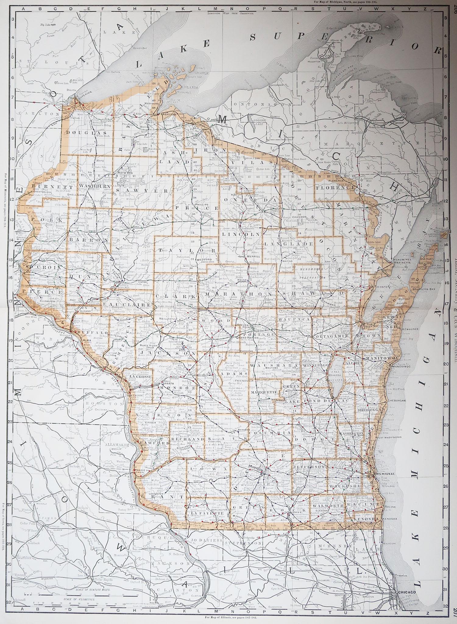 Large Original Antique Map of Wisconsin, USA, 1894 For Sale at 1stDibs ...